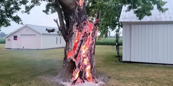 What actions should you take if lightning strikes a tree in your yard?